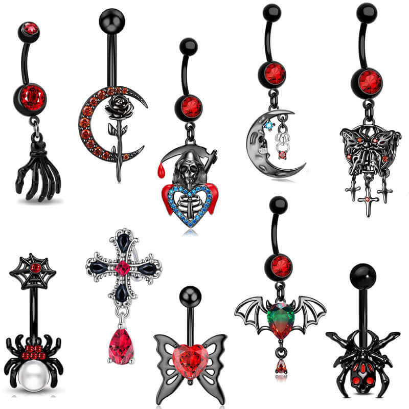 14G Goth Black Widow Vampire Bat Dangle Mount Belly Rings